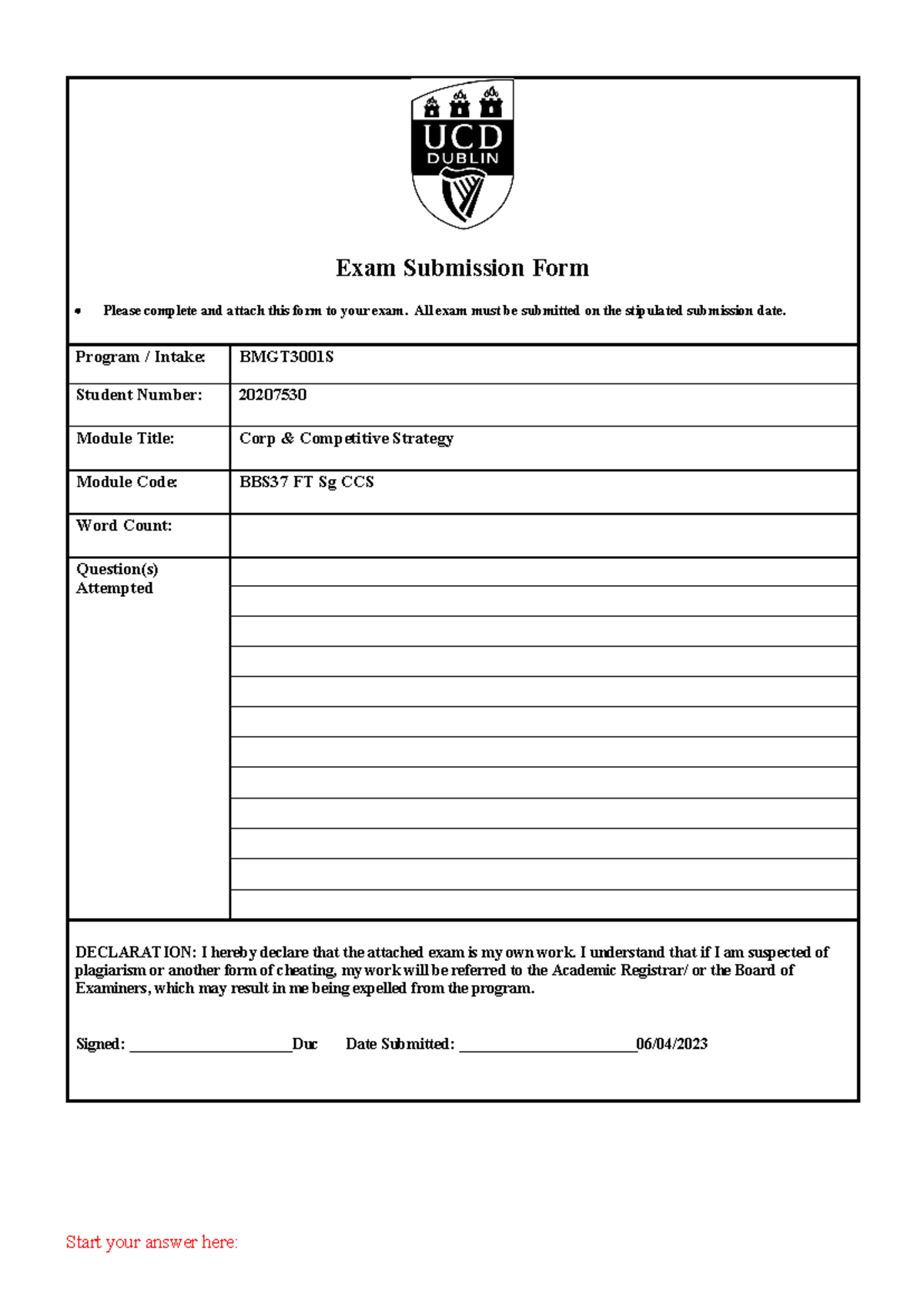 CCS 20207530 - Exam Submission Form Please complete and attach this ...