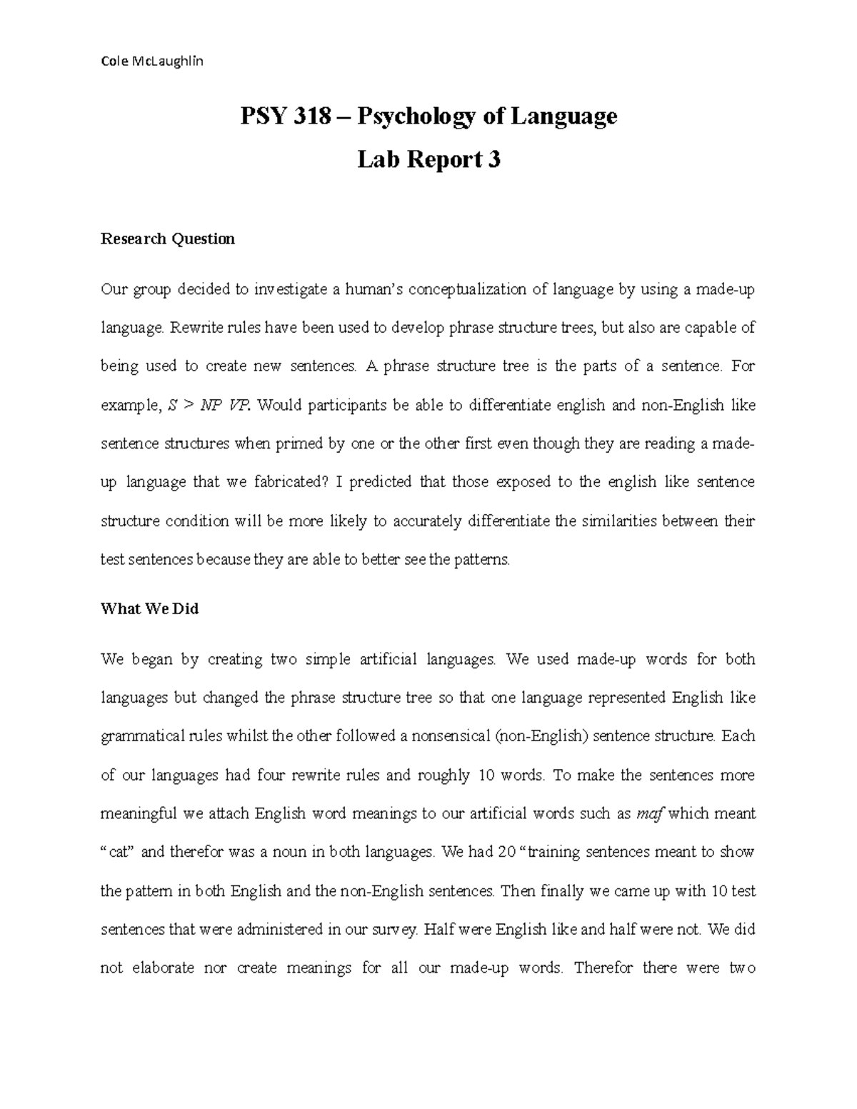LAB 3 LAnguage - lab 3 - Cole McLaughlin PSY 318 – Psychology of ...