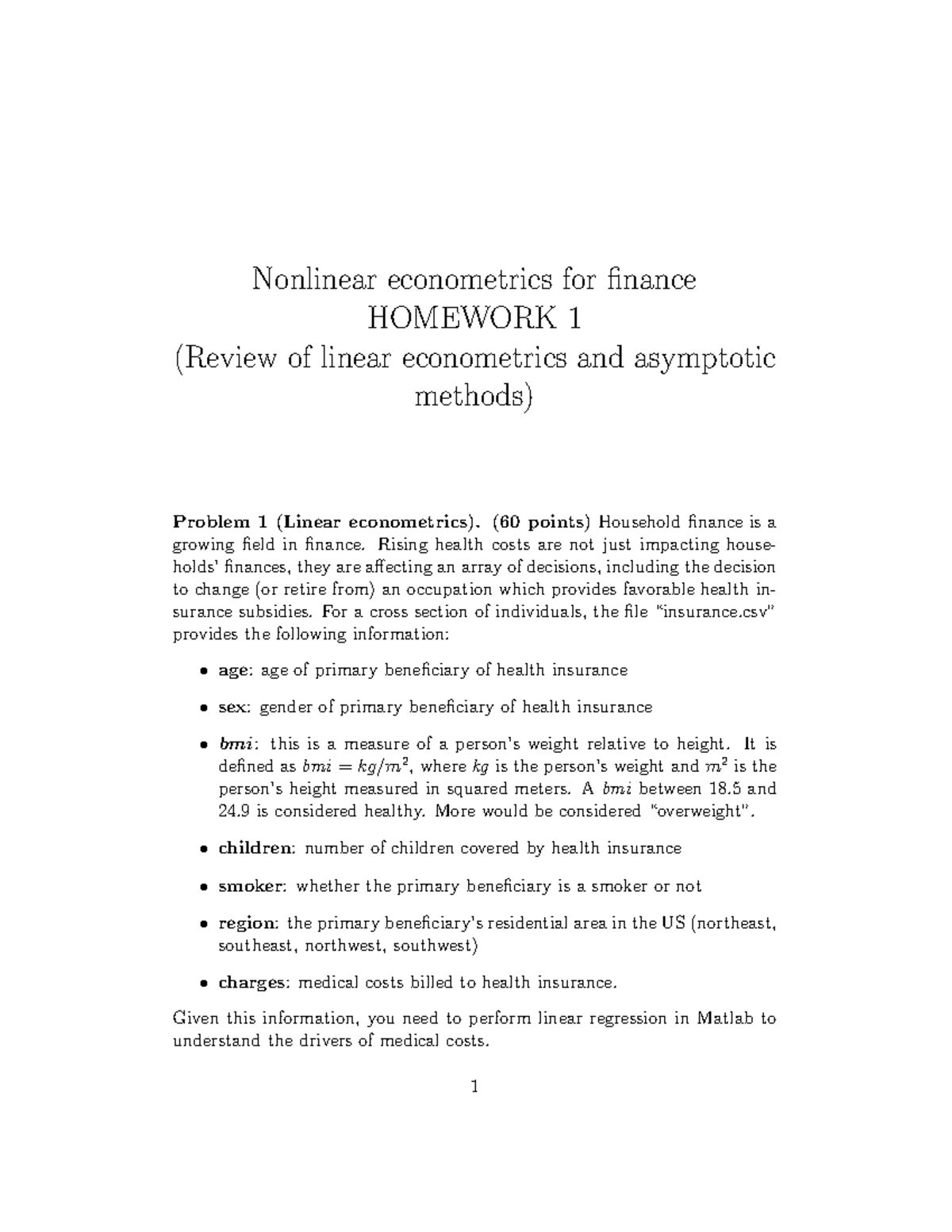 First Assignment Of Nonlinear Econometrics For Finance Nonlinear Econometrics For Finance