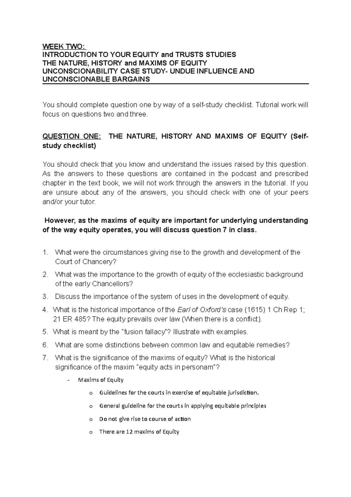 LLB205 Equity and Trusts Wk2Tutorial Questions - WEEK TWO: INTRODUCTION ...
