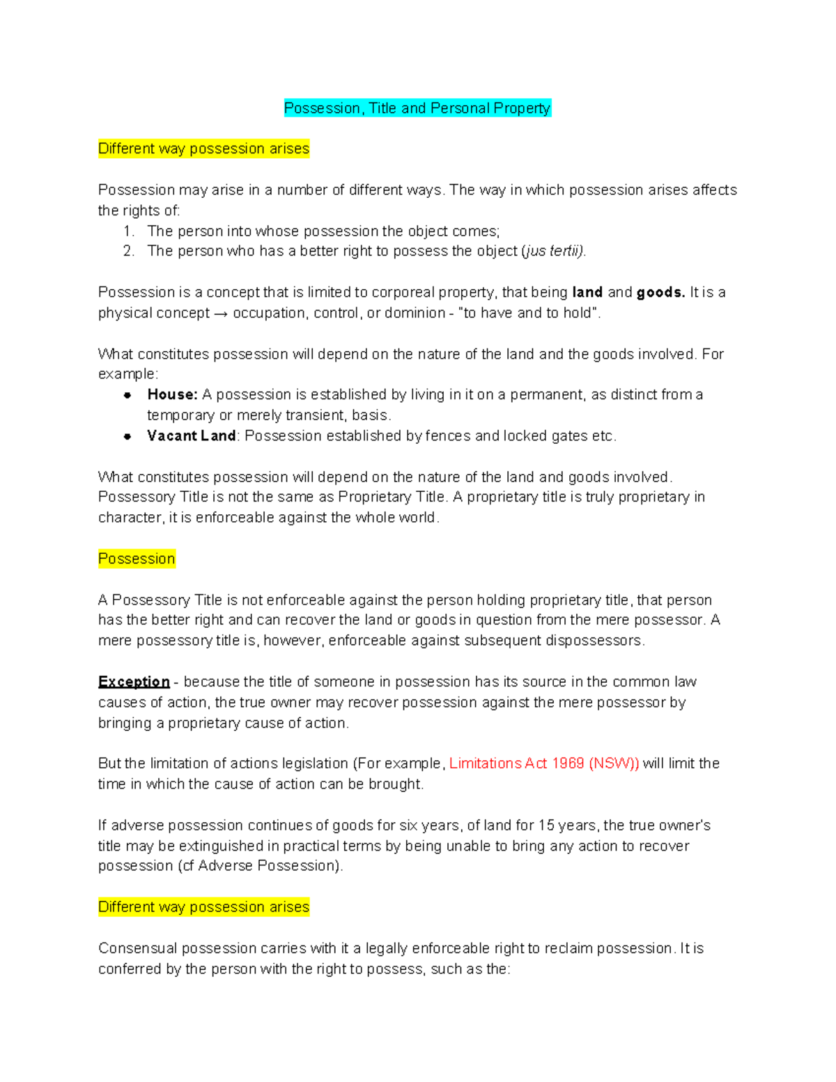 LAWS205 Exam Notes - Possession, Title and Personal Property Different ...
