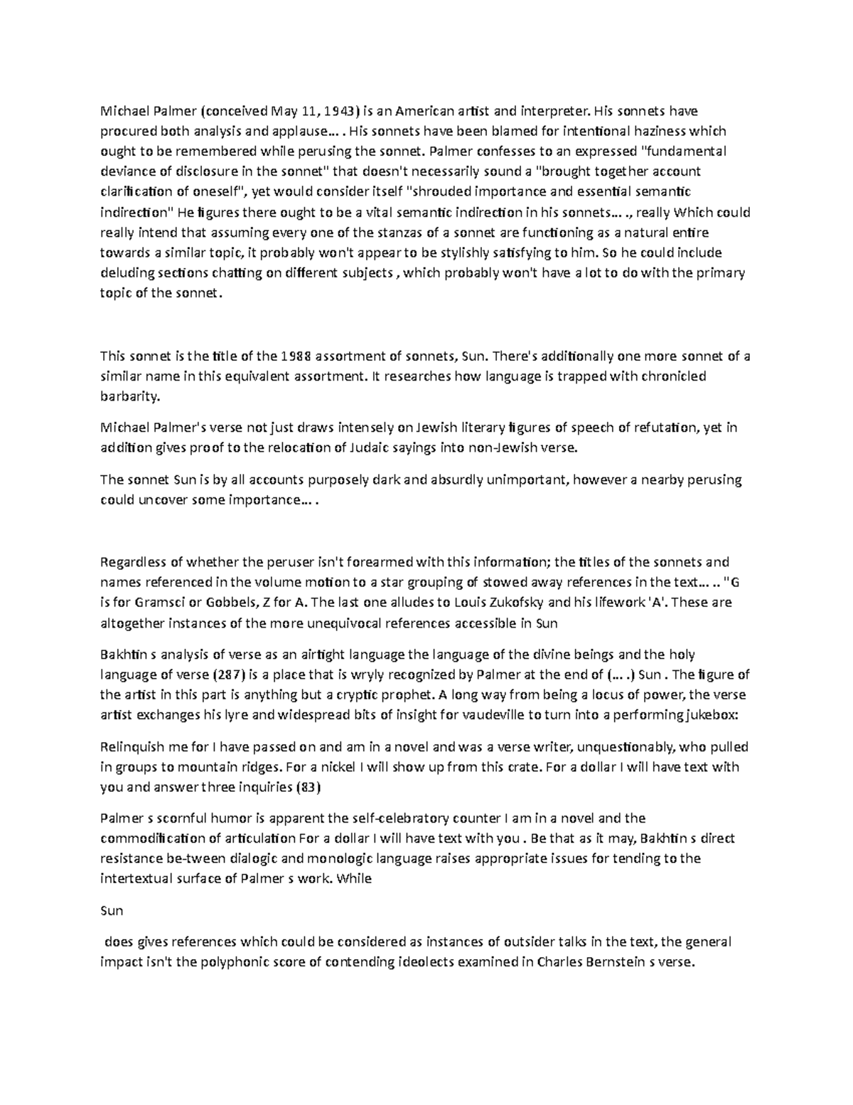 Palmer - Important literature notes - Michael Palmer (conceived May 11 ...