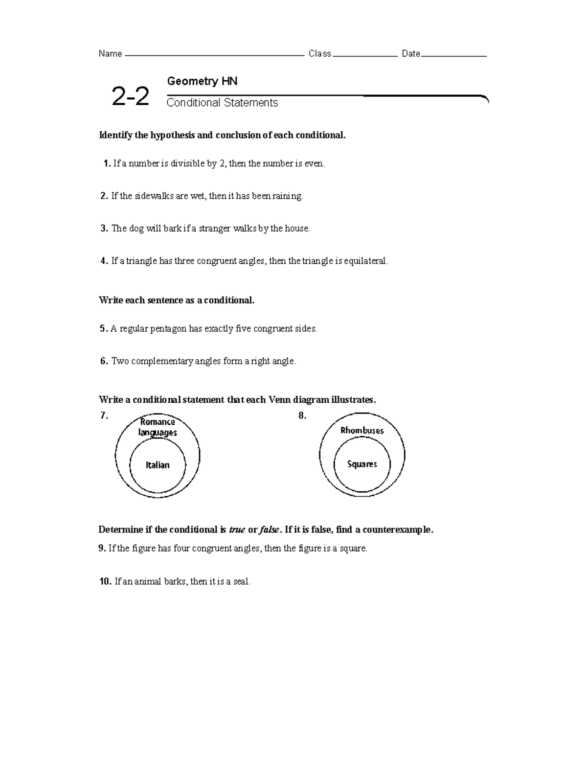 HW 2.2 - Geometry extra practice logic - Name Class Date 2- Geometry HN ...