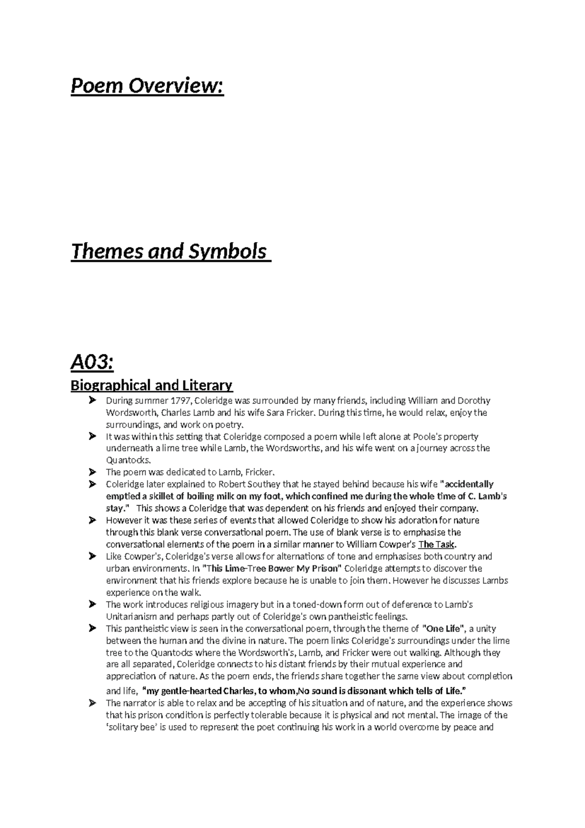 Lime tree bower notes - n/a - Poem Overview: Themes and Symbols A03 ...