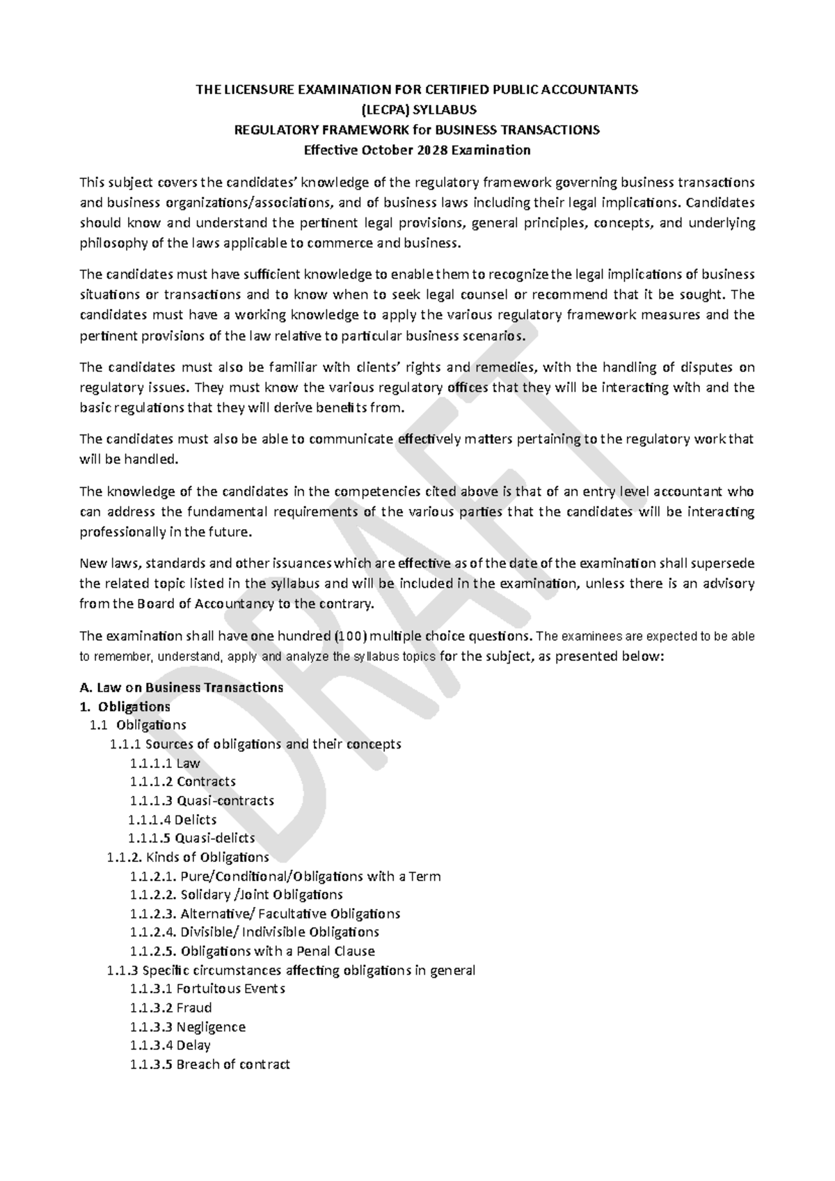 Draft Syllabus FOR RFBT - THE LICENSURE EXAMINATION FOR CERTIFIED ...