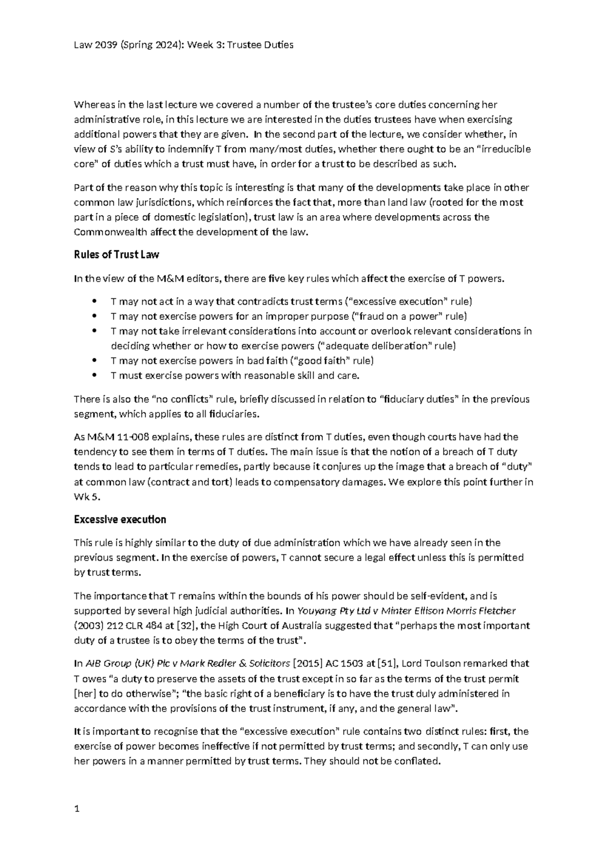 Wk 3 trustee duties - Whereas in the last lecture we covered a number of the trustee’s core ...