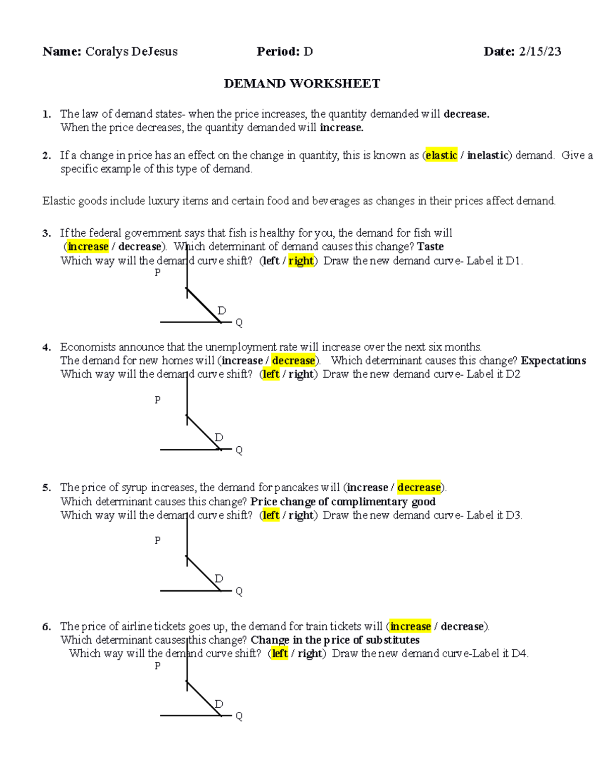 Demand Shift worksheet 1 - Name: Coralys DeJesus Period: D Date: 2/15 ...