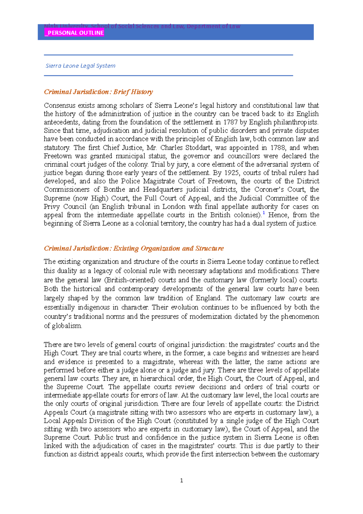 Sierra Leone Legal System Outline - Njala University, School of Social ...