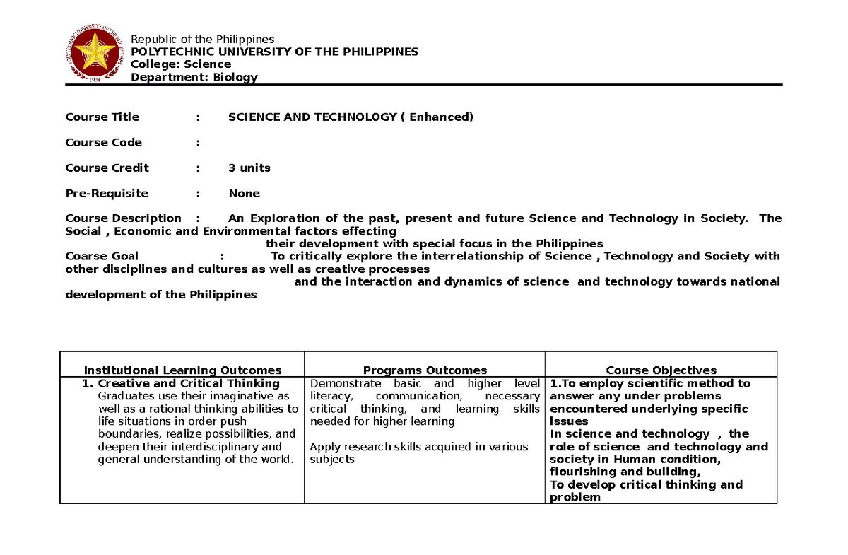 PUP-Syllabus-STS - science technology society - Republic of the ...