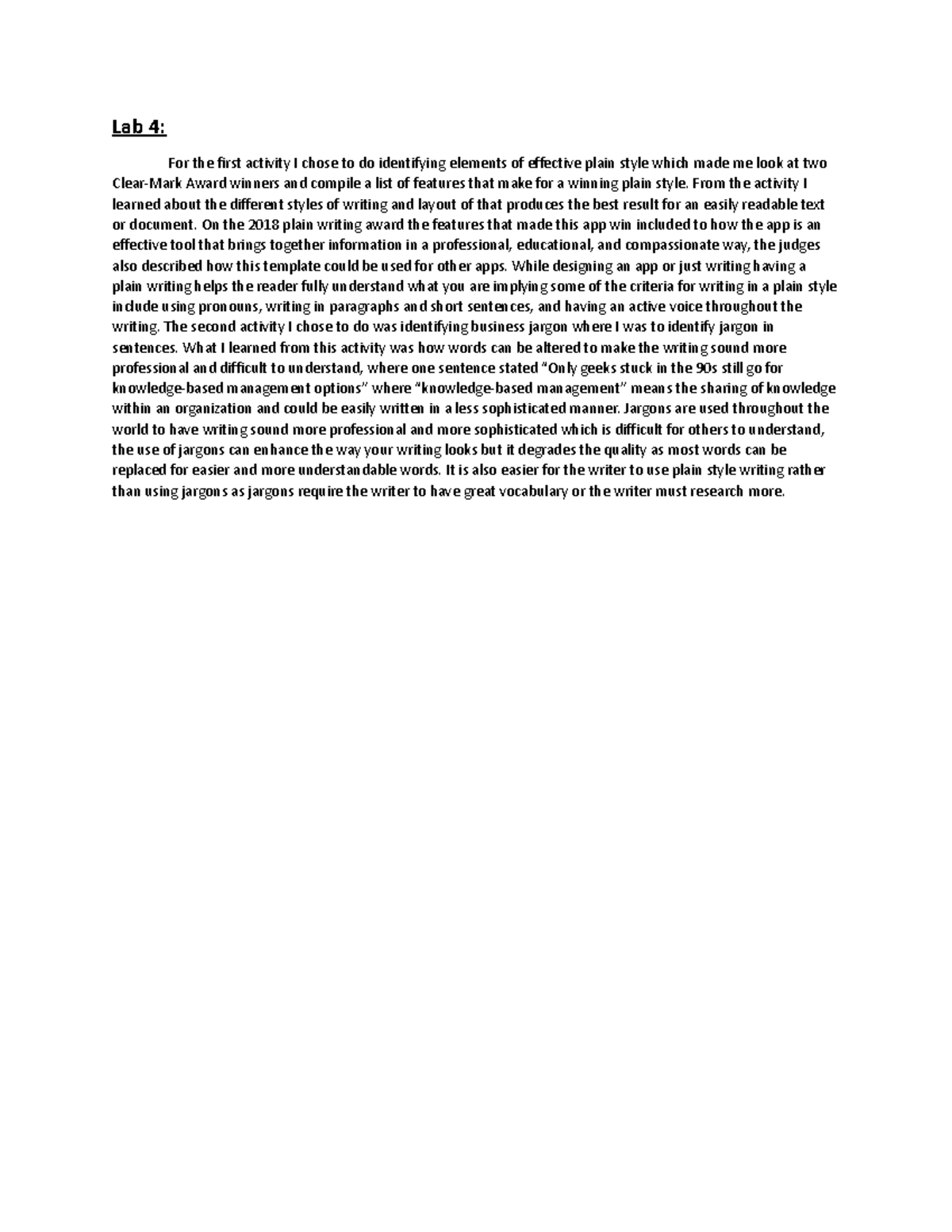 Lab4 - Lab 2 - Lab 4: For the first activity I chose to do identifying elements of effective ...