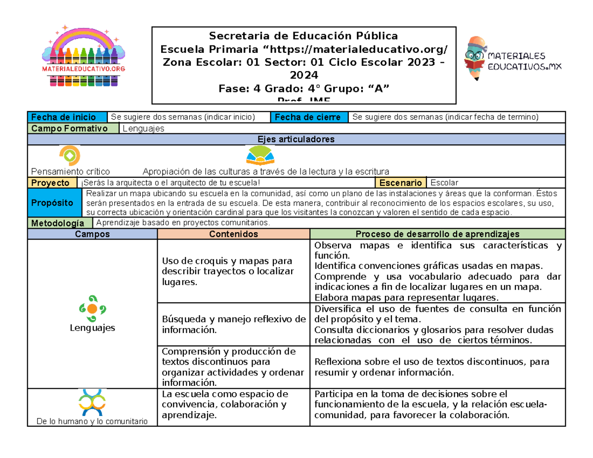Planeación 4to Grado Serás La Arquitecta o El Arquitecto De Tu Escuela ...