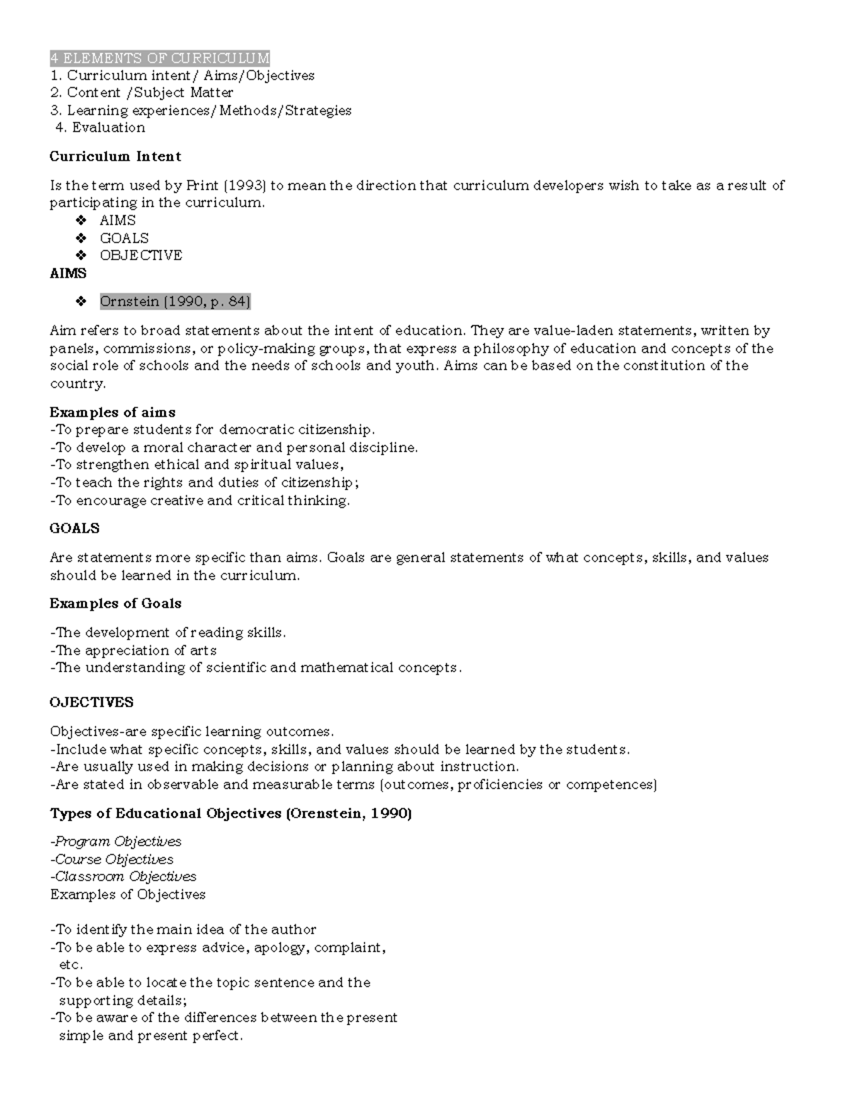 4 Elements OF Curriculum - 4 ELEMENTS OF CURRICULUM Curriculum intent ...