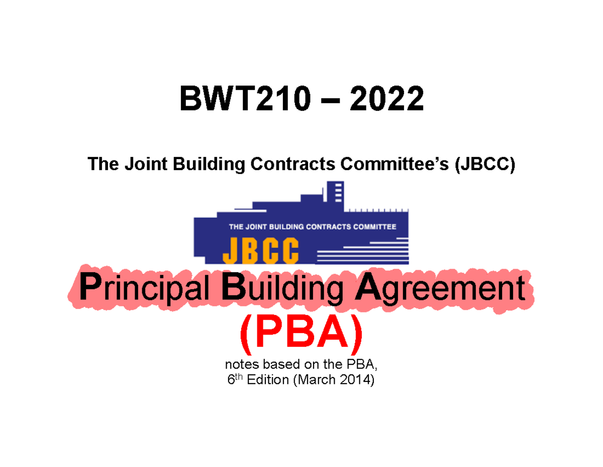 PBA Copy - BWT - BWT210 – 2022 The Joint Building Contracts Committee’s ...