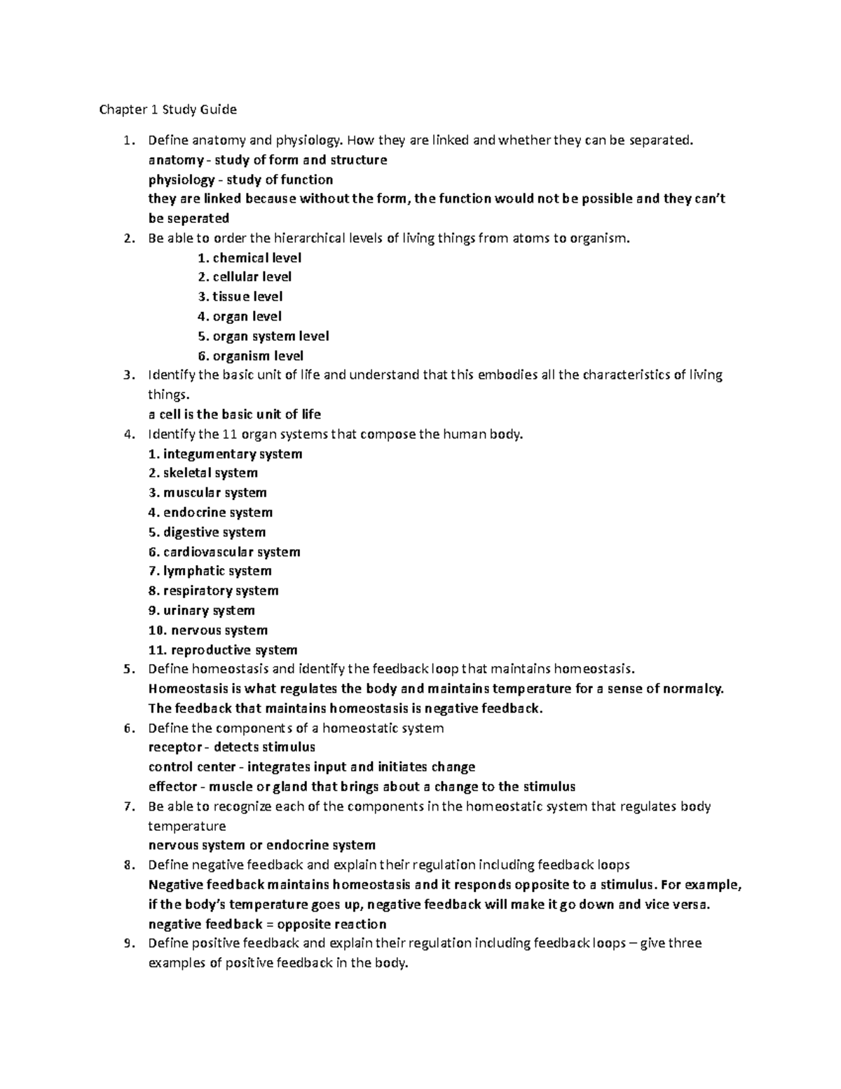 Chapter 1 Study Guide - Chapter 1 Study Guide Define anatomy and ...