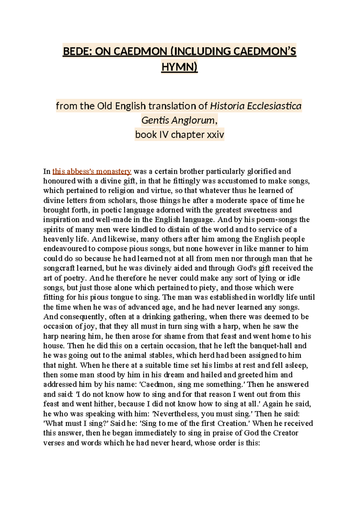 2.1 Bede on Caedmon - BEDE: ON CAEDMON (INCLUDING CAEDMON’S HYMN) from ...
