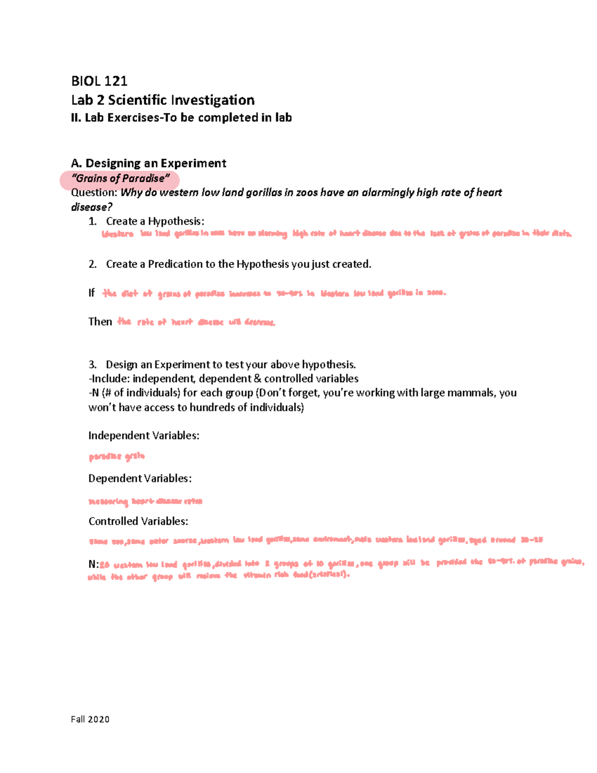BIOL 121 Sci Invest. Lab Exercise Fall 20 (1) 2 - Fall 2020 BIOL 121 ...