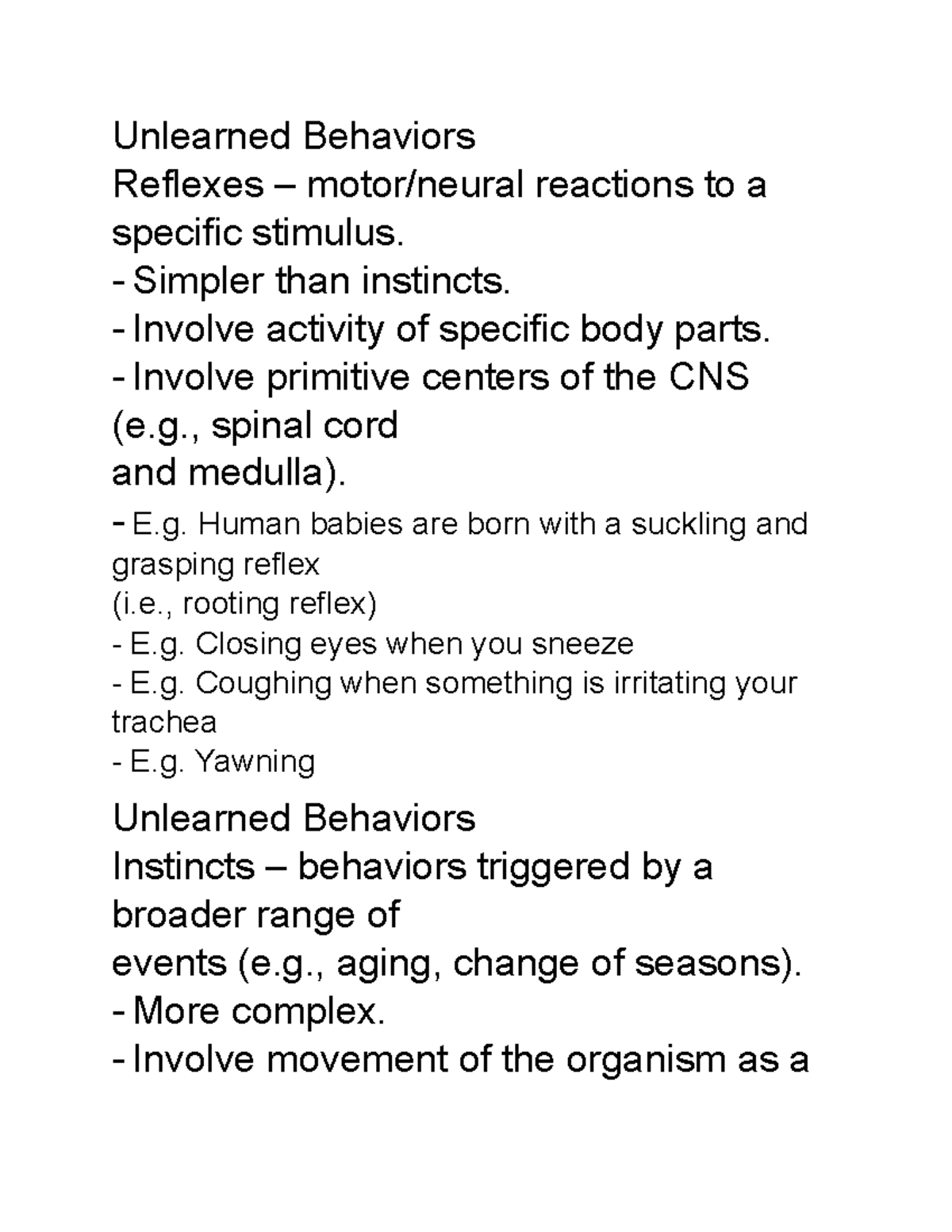 Document 170 - general behavior - Unlearned Behaviors Reflexes – motor ...