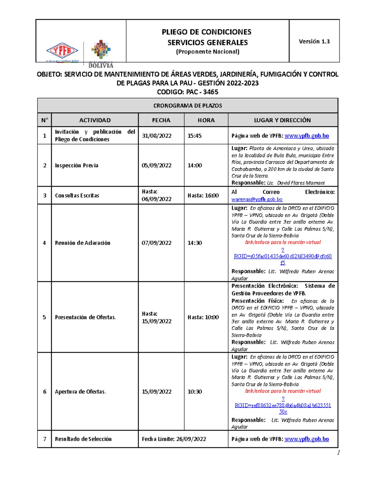 Pliego DE Condiciones Servicios Generales PAC-3465 - PLIEGO DE CONDICIONES SERVICIOS GENERALES ...