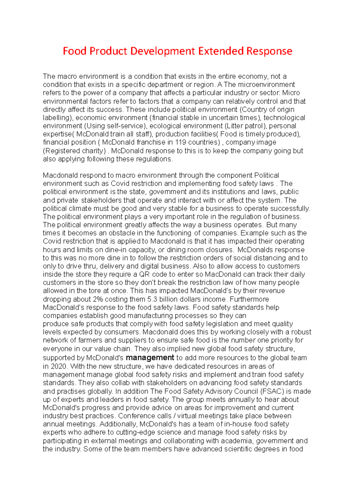 food text assessment - Food Product Development Extended Response The ...