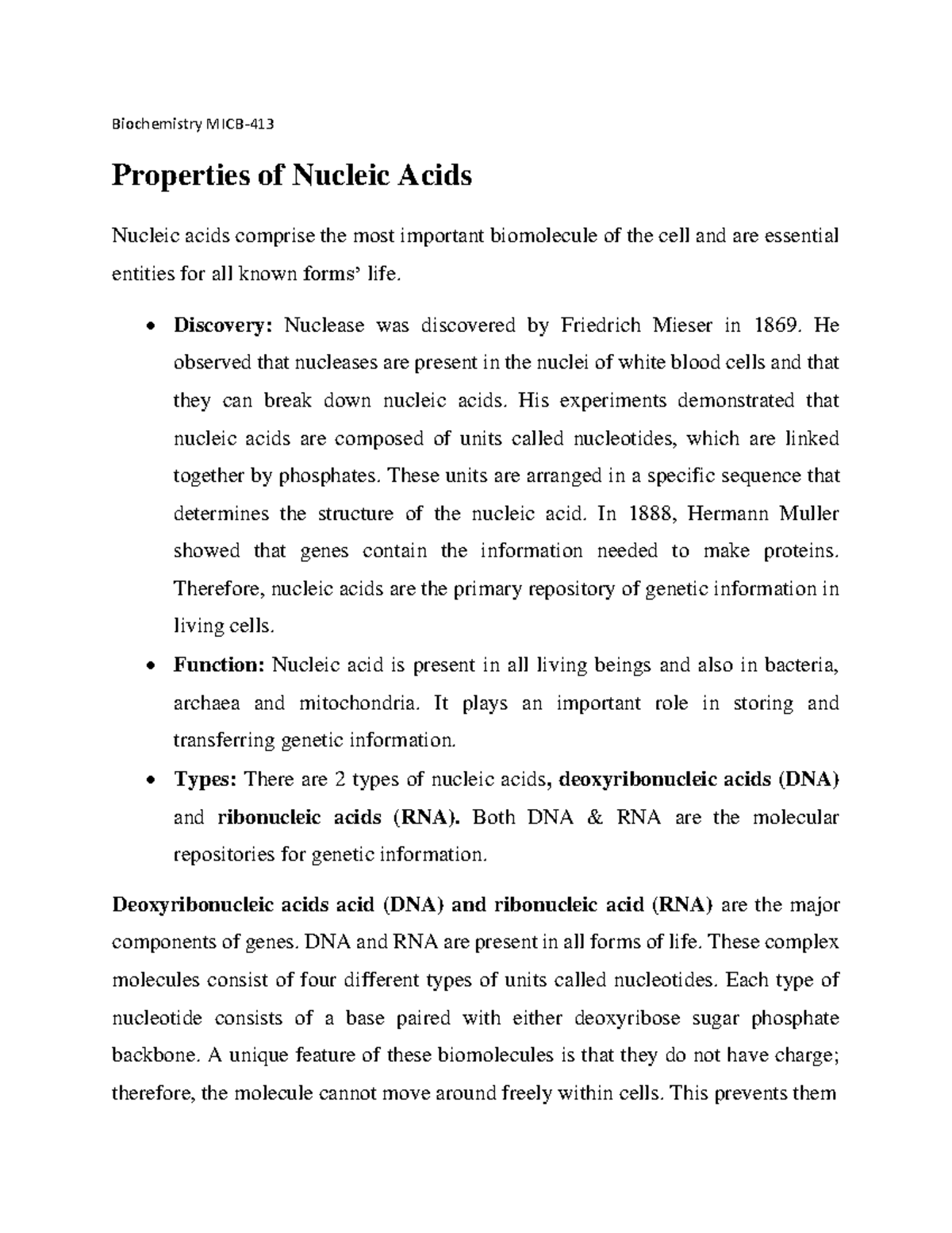 Properties of Nucleic Acids - Biochemistry MICB- Properties of Nucleic Acids Nucleic acids ...