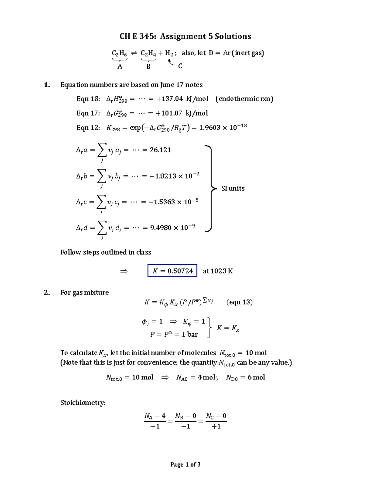 A5 Solutions This Is Assignment 5 Solution Page 1 Of 3 Ch E 345 Assignment 5 Solutions C 2