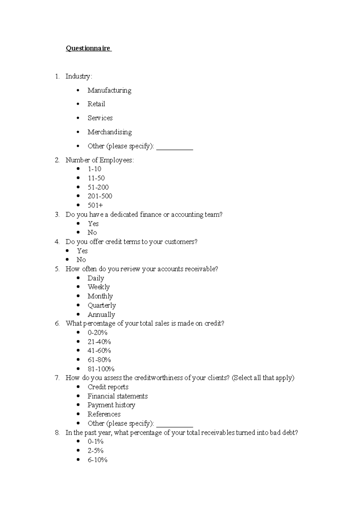 Questionnaire - RESEARCH PROPOSAL QUESTIONAIRE - Questionnaire 1 ...