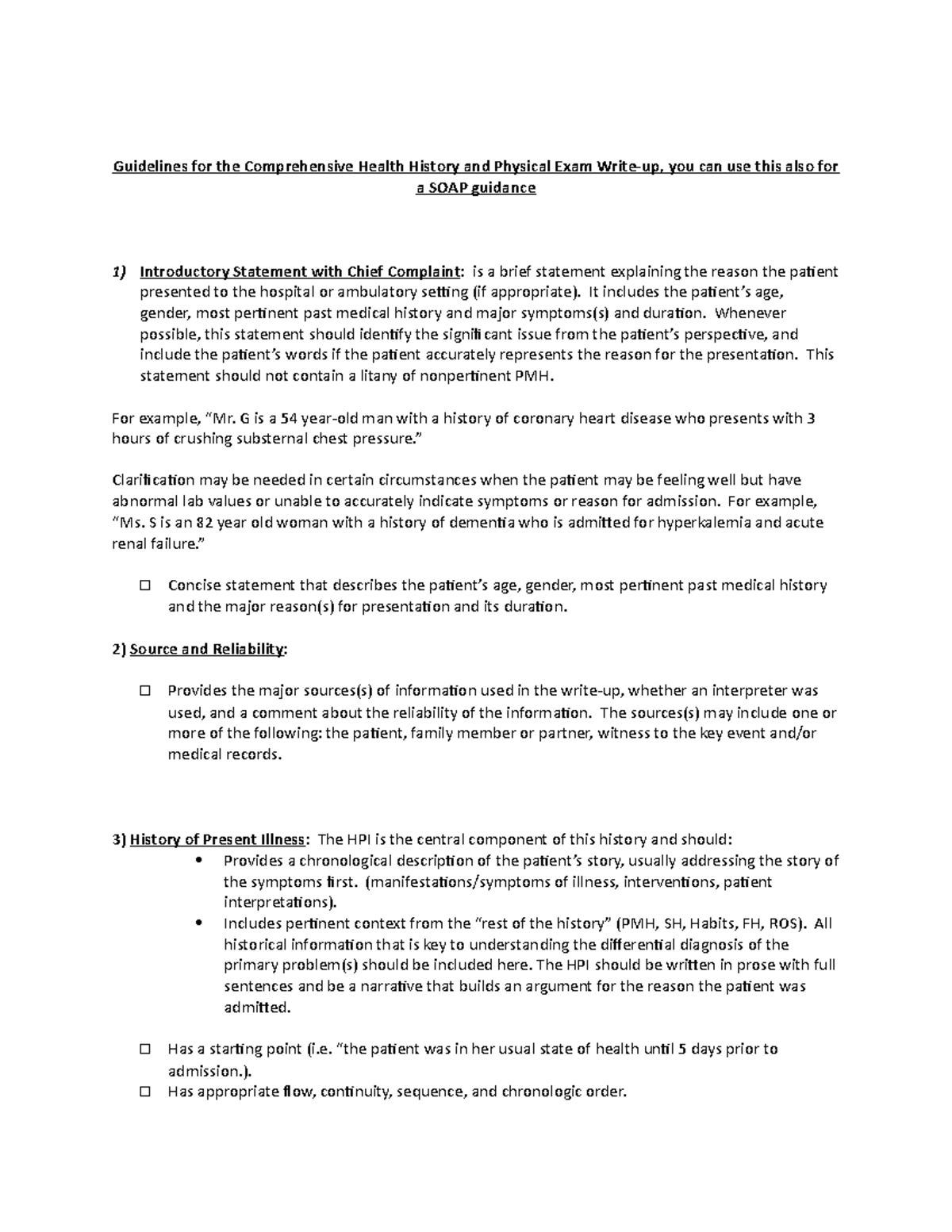 Guidelines for the Comprehensive Health History and Physical Exam Write ...