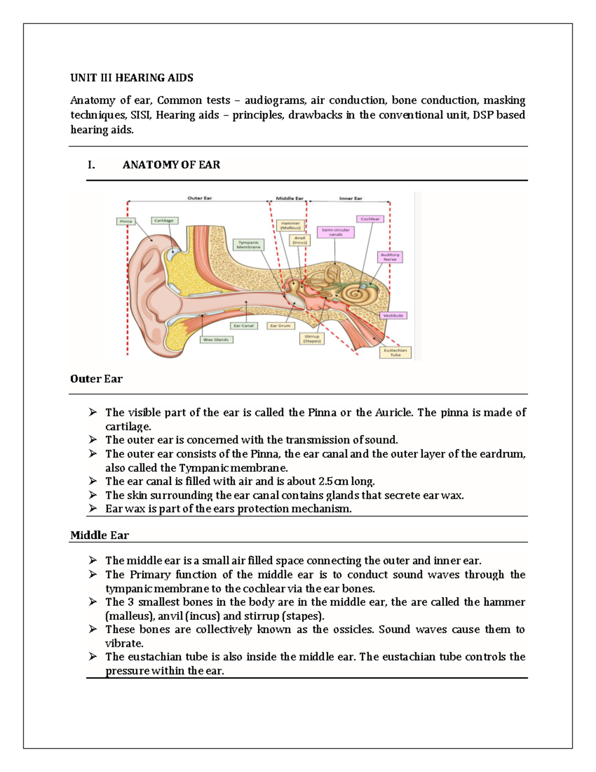 UNIT III Hearing AIDS - NOTES - UNIT III HEARING AIDS Anatomy of ear ...