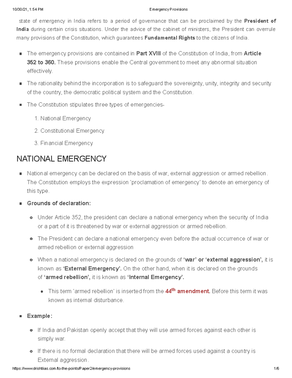 Emergency Provisions - Lecture notes 1 - state of emergency in India ...