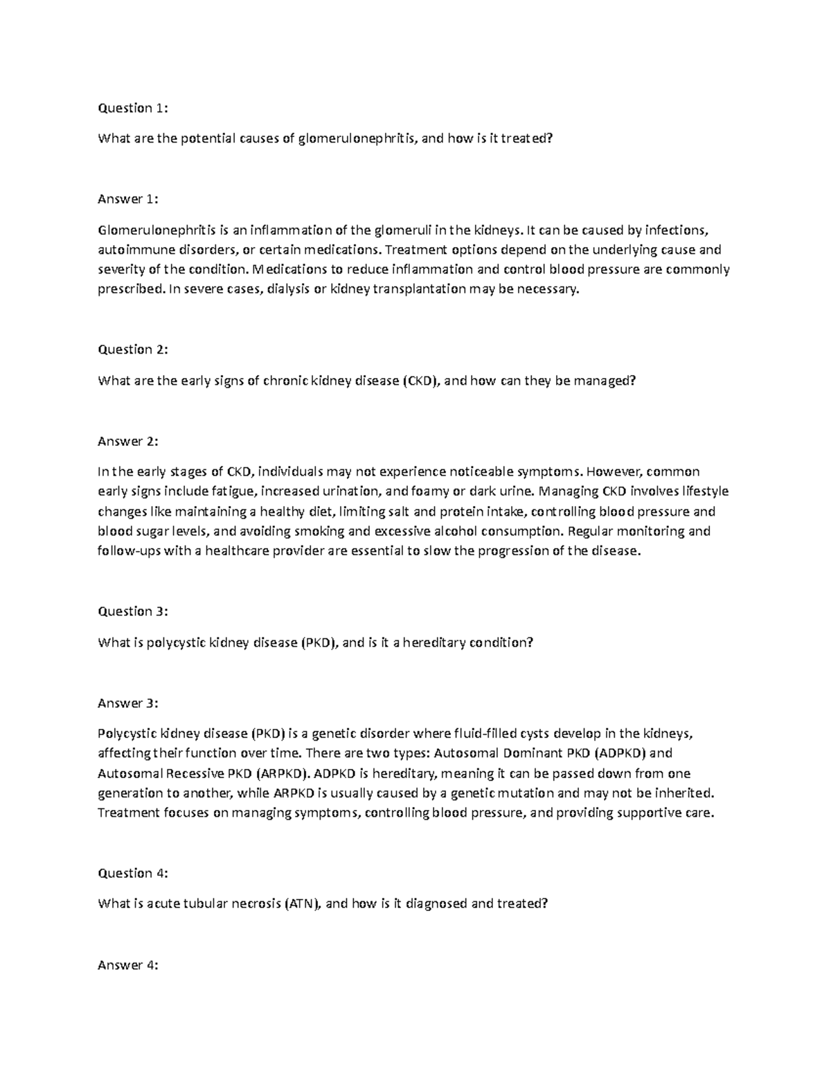 Renal practice questions - Question 1: What are the potential causes of ...