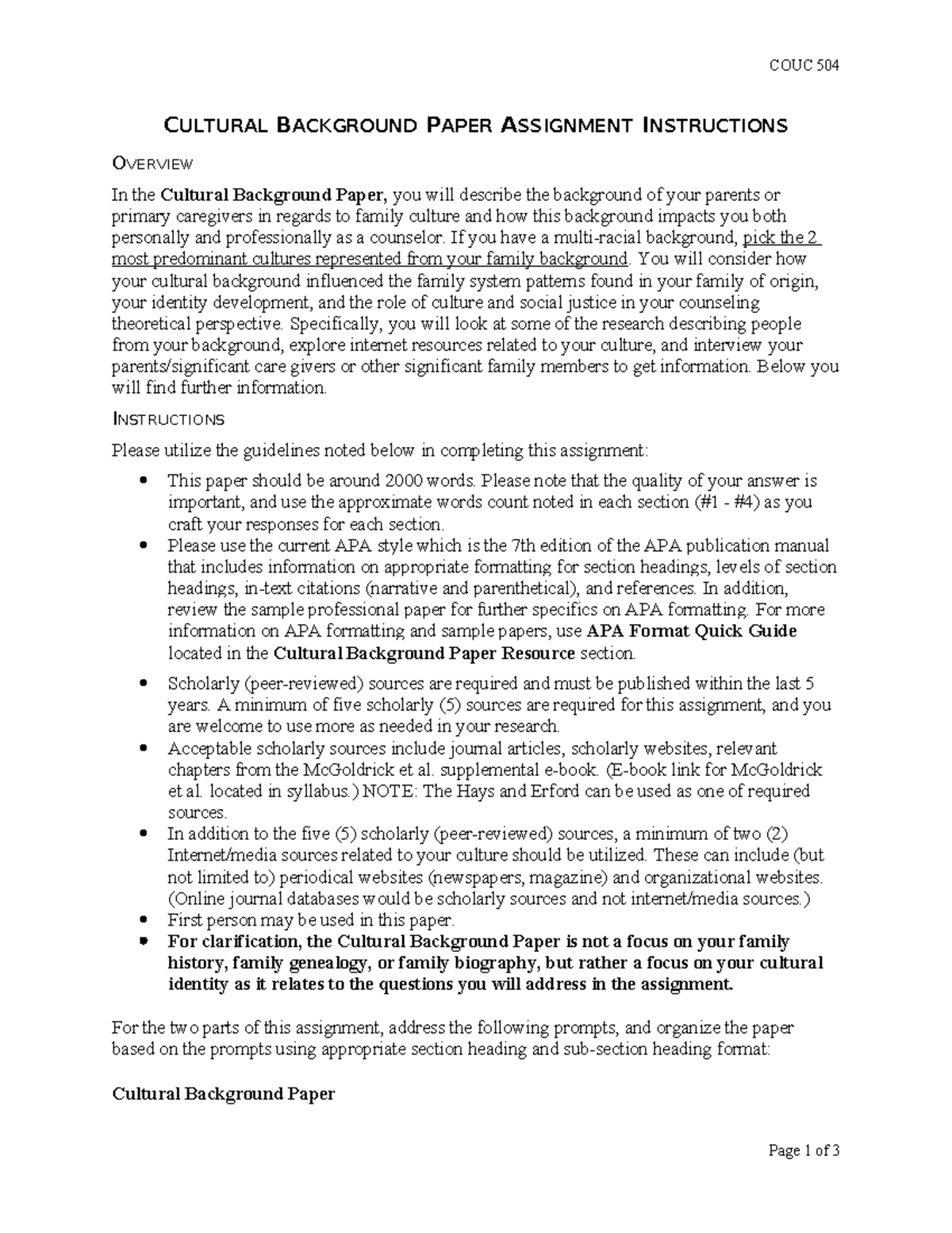 Cultural Background Paper Assignment - COUC 504 CULTURAL BACKGROUND ...