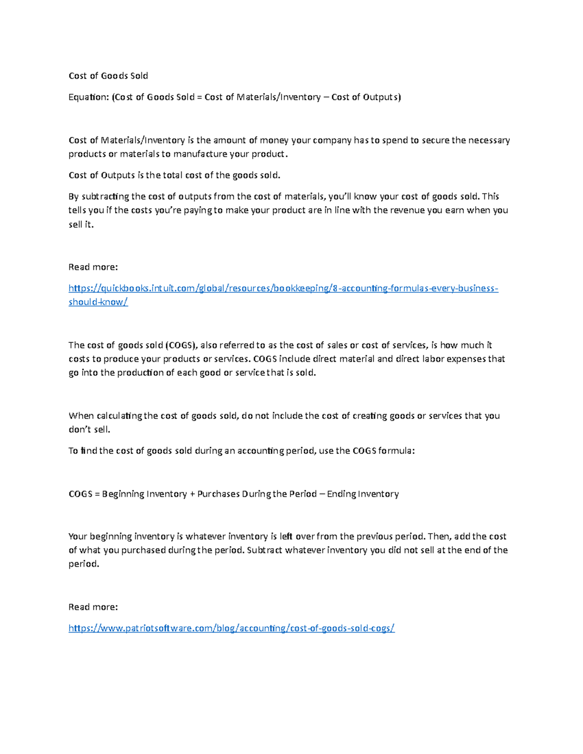COGS formula - Lecture notes 1 - Cost of Goods SoldEquation: (Cost of ...