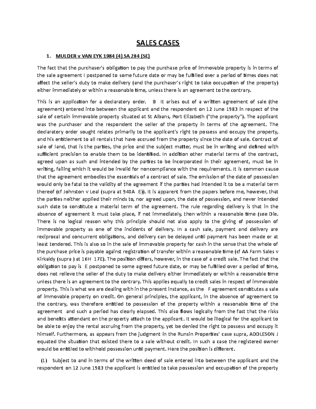 Law of Sales Cases - SALES CASES MULDER v VAN EYK 1984 (4) SA 204 (SE ...
