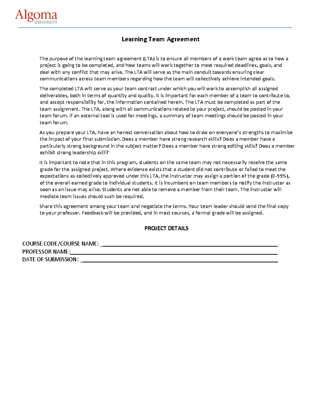 PMAL203 Sample Learning Team Agreement - Learning Team Agreement The ...