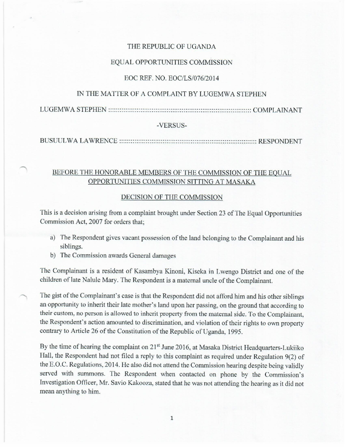 Lugemwa Stephen VS Busulwa Lawrence Ruling Decision - BACHELOR OF LAW ...