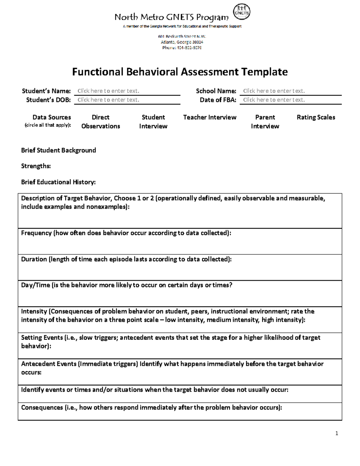 1-FBA-Template - Lecture notes dfa - 1 Functional Behavioral Assessment ...