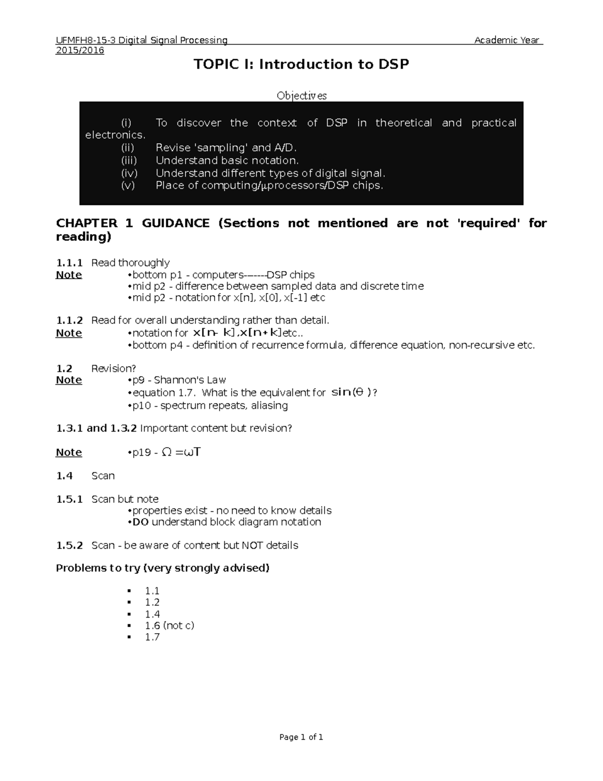 DSP Notes - Chapter 1 - UFMFH8-15-3 Digital Signal Processing Academic ...