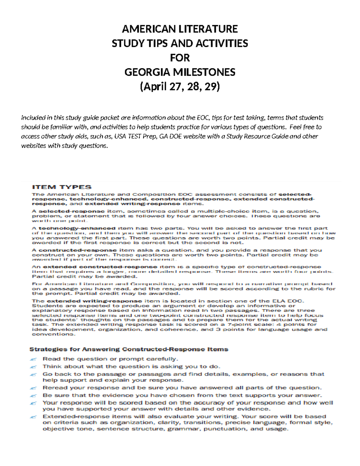 American literature study guide - AMERICAN LITERATURE STUDY TIPS AND ...