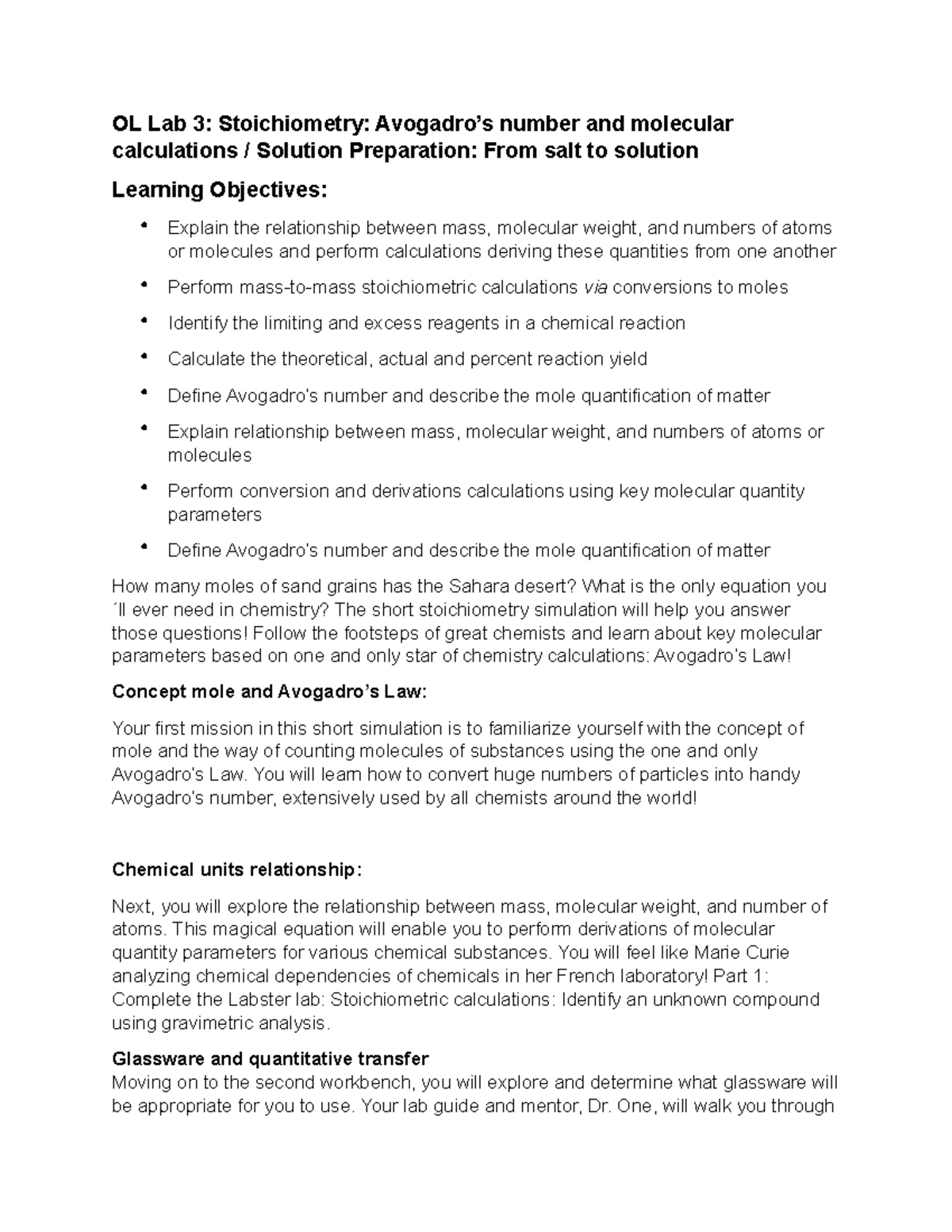 Week 3 Lab-Stoichiometry and Solutions 2 - OL Lab 3: Stoichiometry: Avogadro’s number and ...