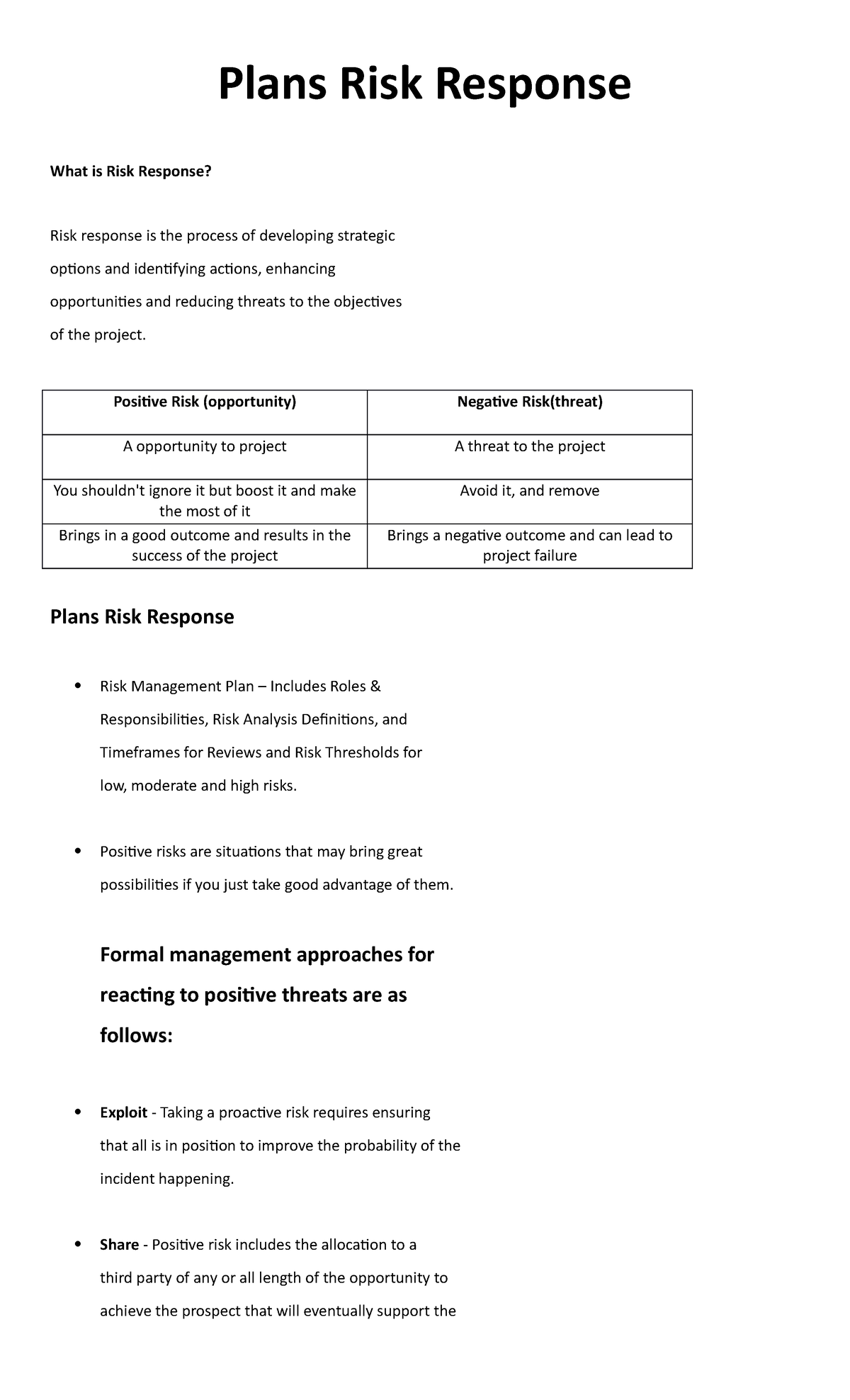 Plans Risk Response - Plans Risk Response What is Risk Response? Risk ...