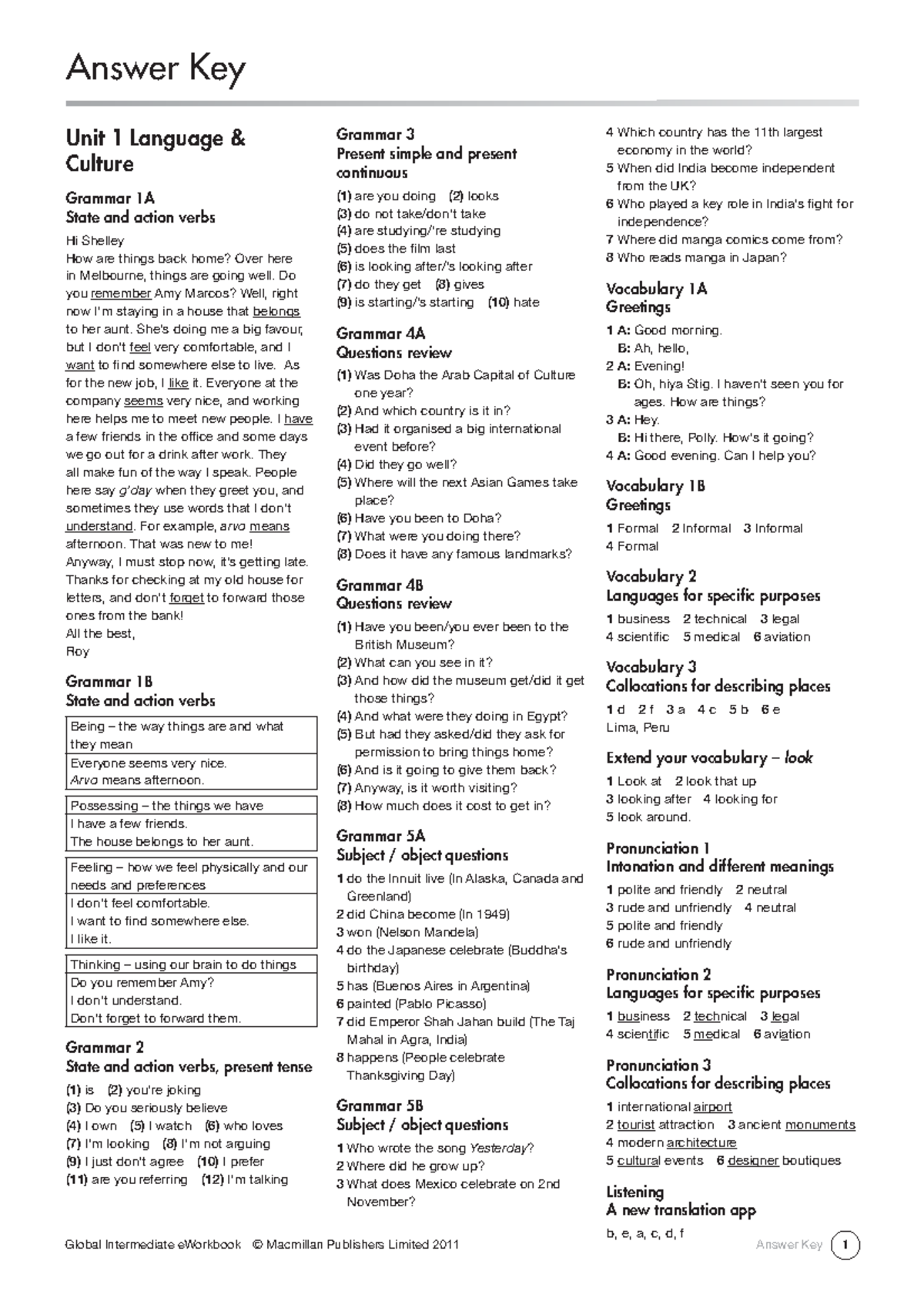 COURSBOOK- Key of Global Iintermediate Workbook pdf - Unit 1 Language & Culture Grammar 1A State ...
