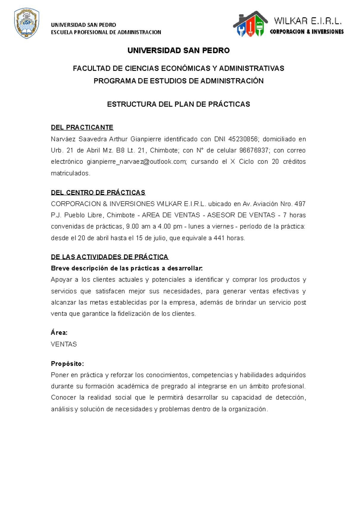 Ejemplo DE PLAN DE Practicas - ESCUELA PROFESIONAL DE ADMINISTRACION ...