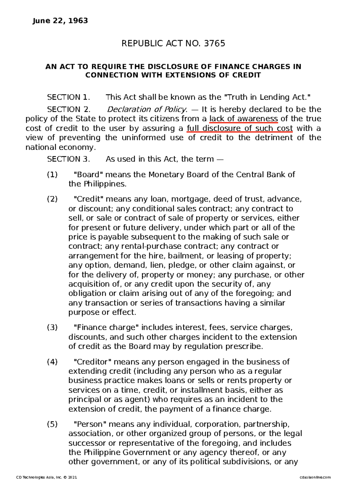 LAW - Notes - June 22, 1963 REPUBLIC ACT NO. 3765 AN ACT TO REQUIRE THE ...