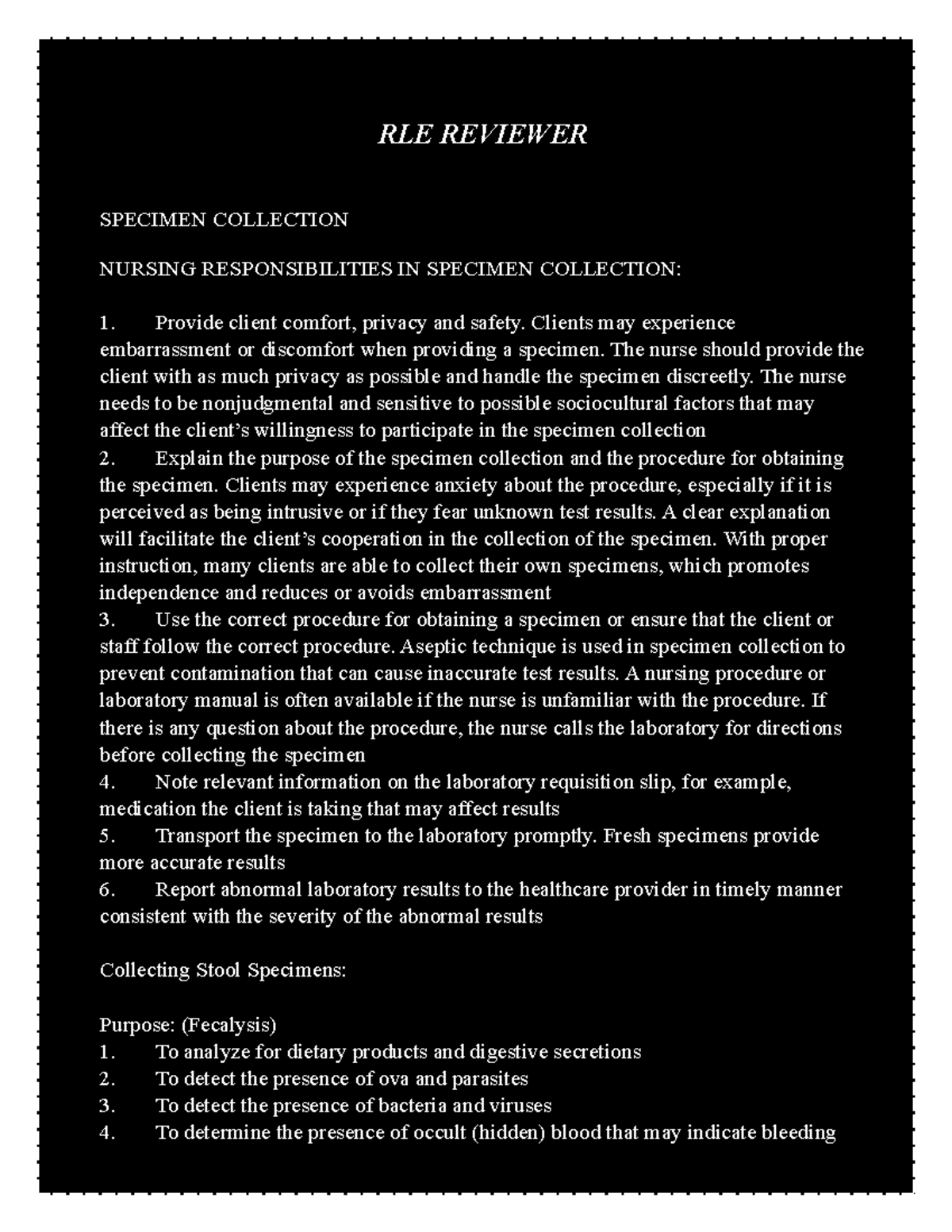 RLE Reviewer ( Return Demonstration) - RLE REVIEWER SPECIMEN COLLECTION ...