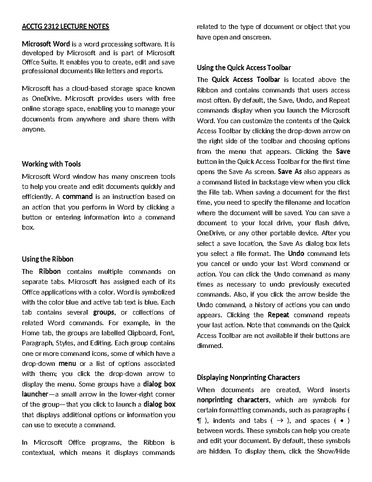 MS Word Lecture Notes 1 - Gjffuvdh - ACCTG 2312 LECTURE NOTES Microsoft ...