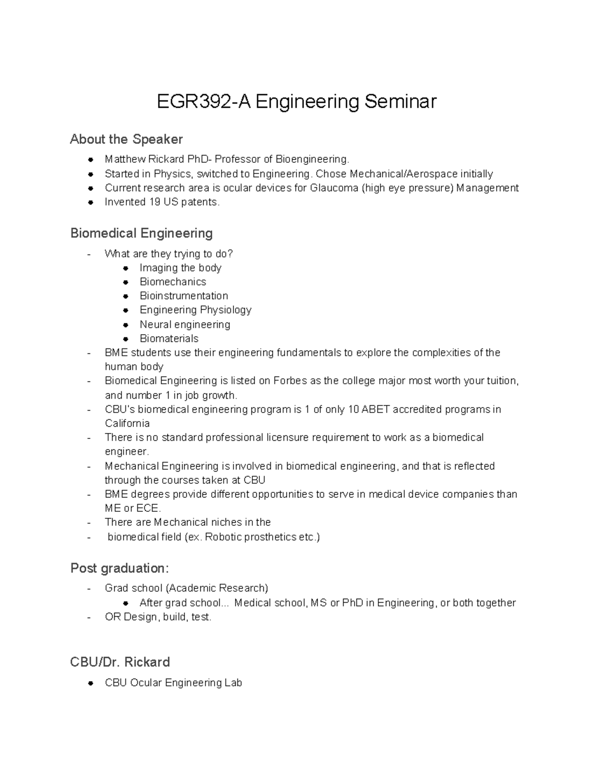 EGR 392- Biomedical Engineering Notes - EGR392-A Engineering Seminar ...