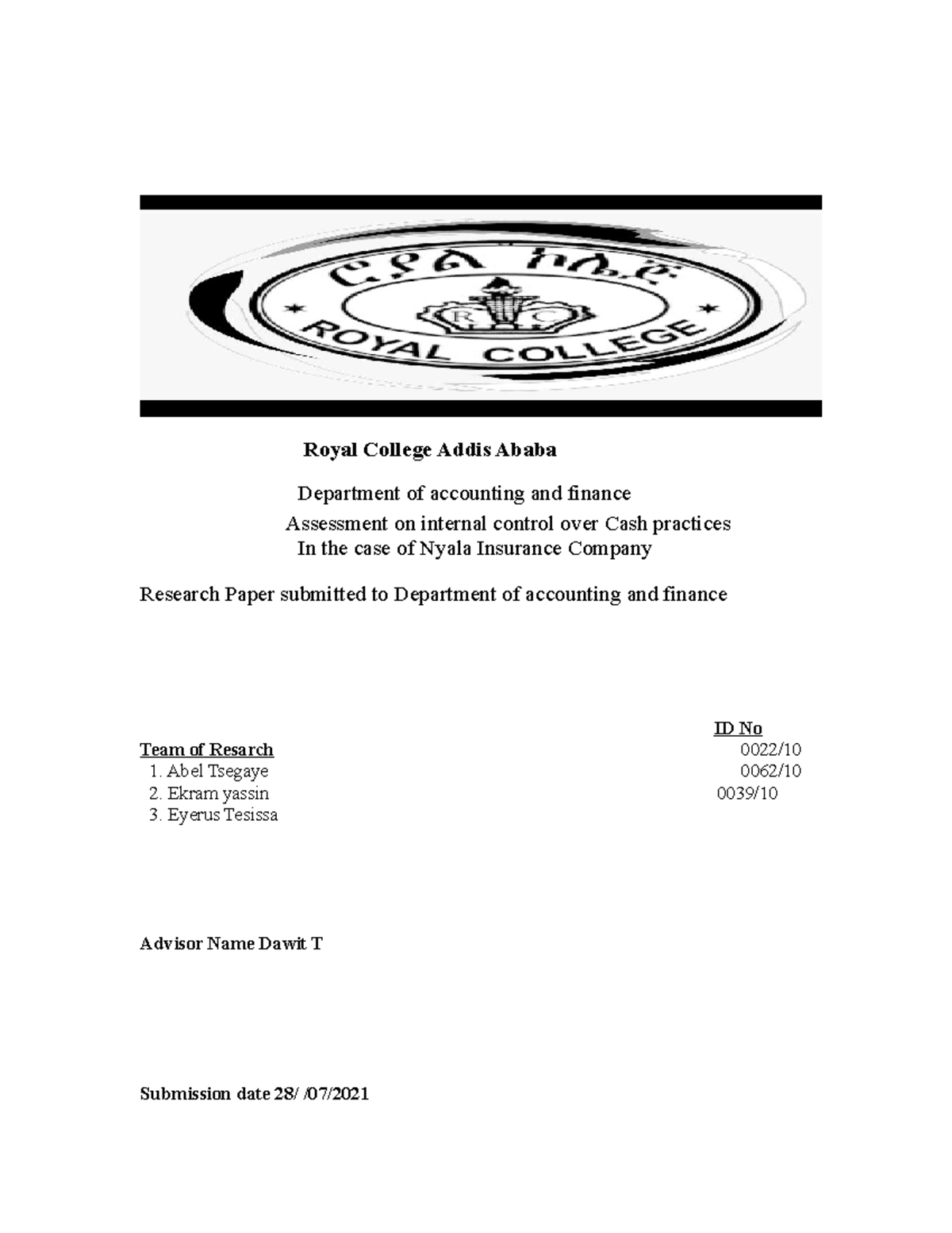 Abel Tsegaye doc - Final paper - Royal College Addis Ababa Department ...