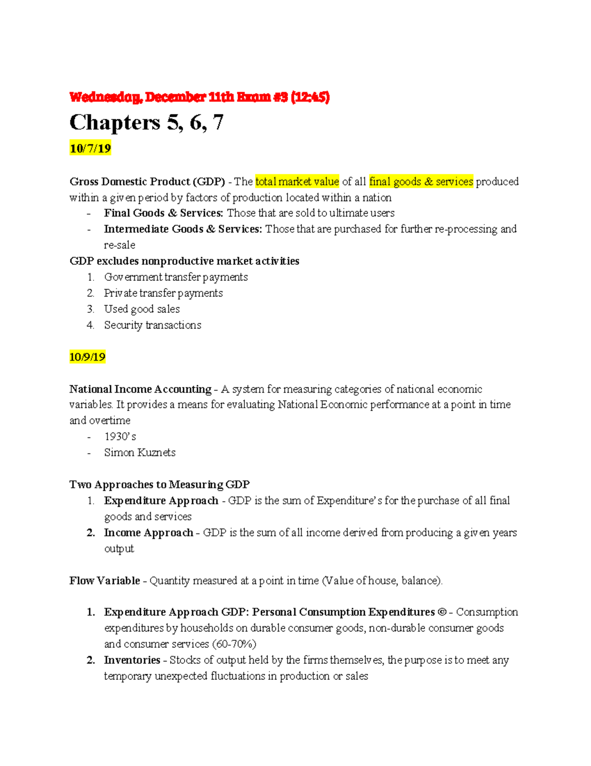 Economics Notes Chapter 5-7 - Wednesday, December 11th Exam #3 (12:45 ...