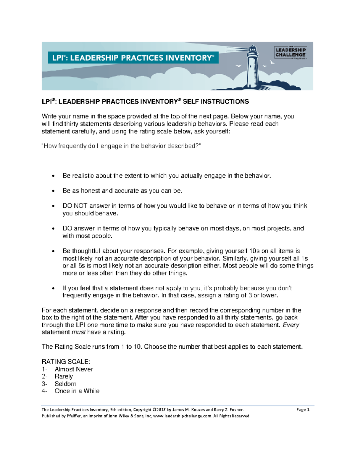 LPI Self Assessment 4:23 - The Leadership Practices Inventory, 5 th ...