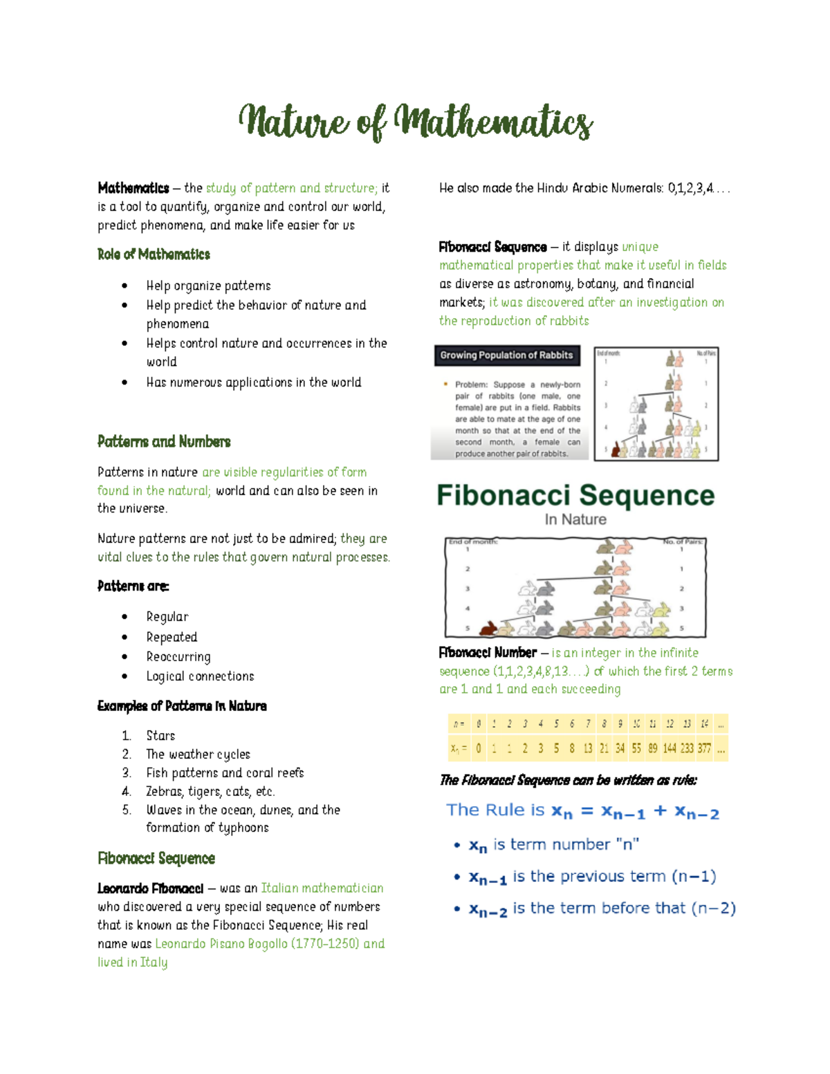 (Notes) Nature of Mathematics - Mathematics – the study of pattern and ...